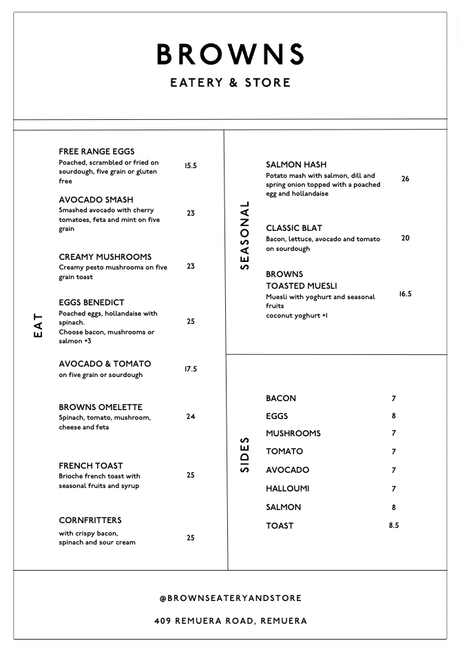 THE DAILY MENU – Browns Eatery and Store